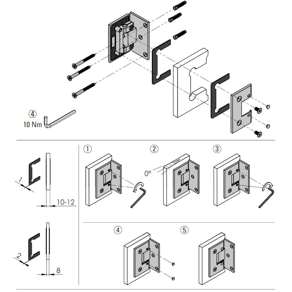 Wall Mounted Shower Door Hinge with Zero Position Adjustment