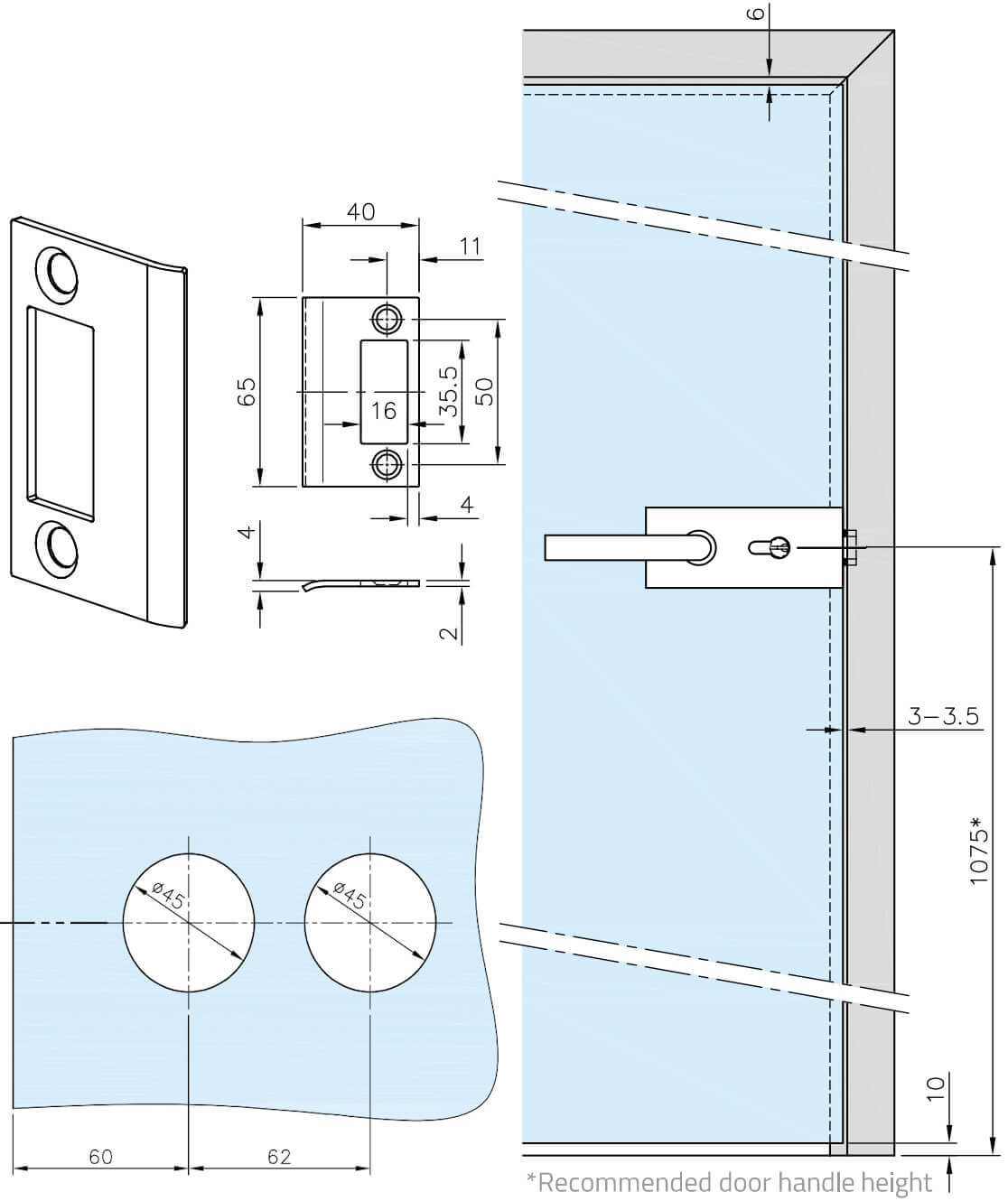 Rectangular Glass Door Lock with Mitred Lever Handles - Satin Finish