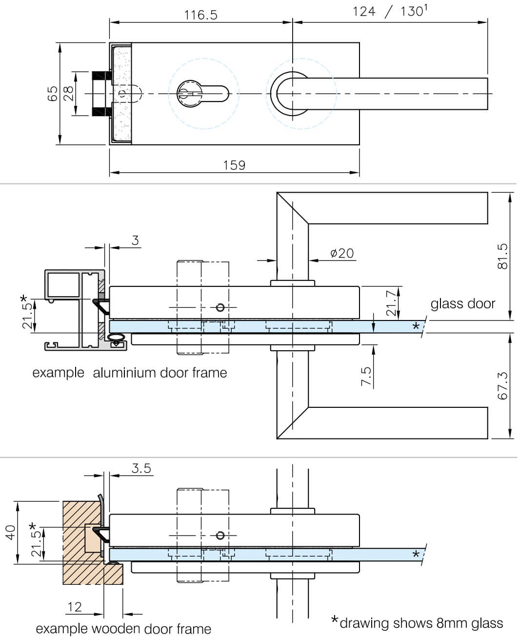 Rectangular Glass Door Lock with Mitred Lever Handles - Satin Finish