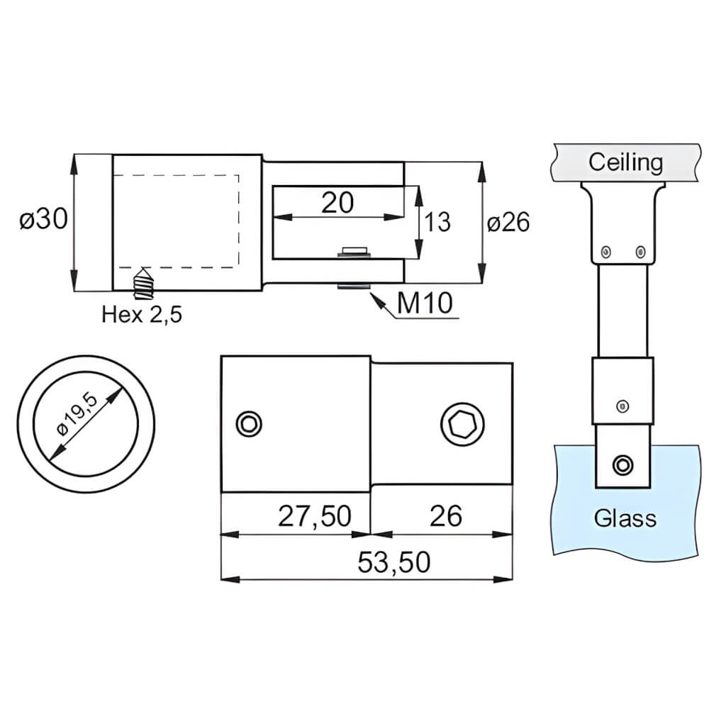 Glass Bracket for Ø19mm Tubing Bar (Ceiling Mount)