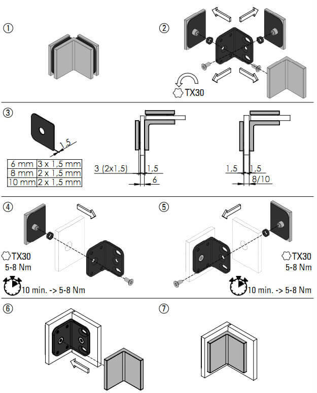 Prime Glass Bracket to Join Shower Screens at 90 degree