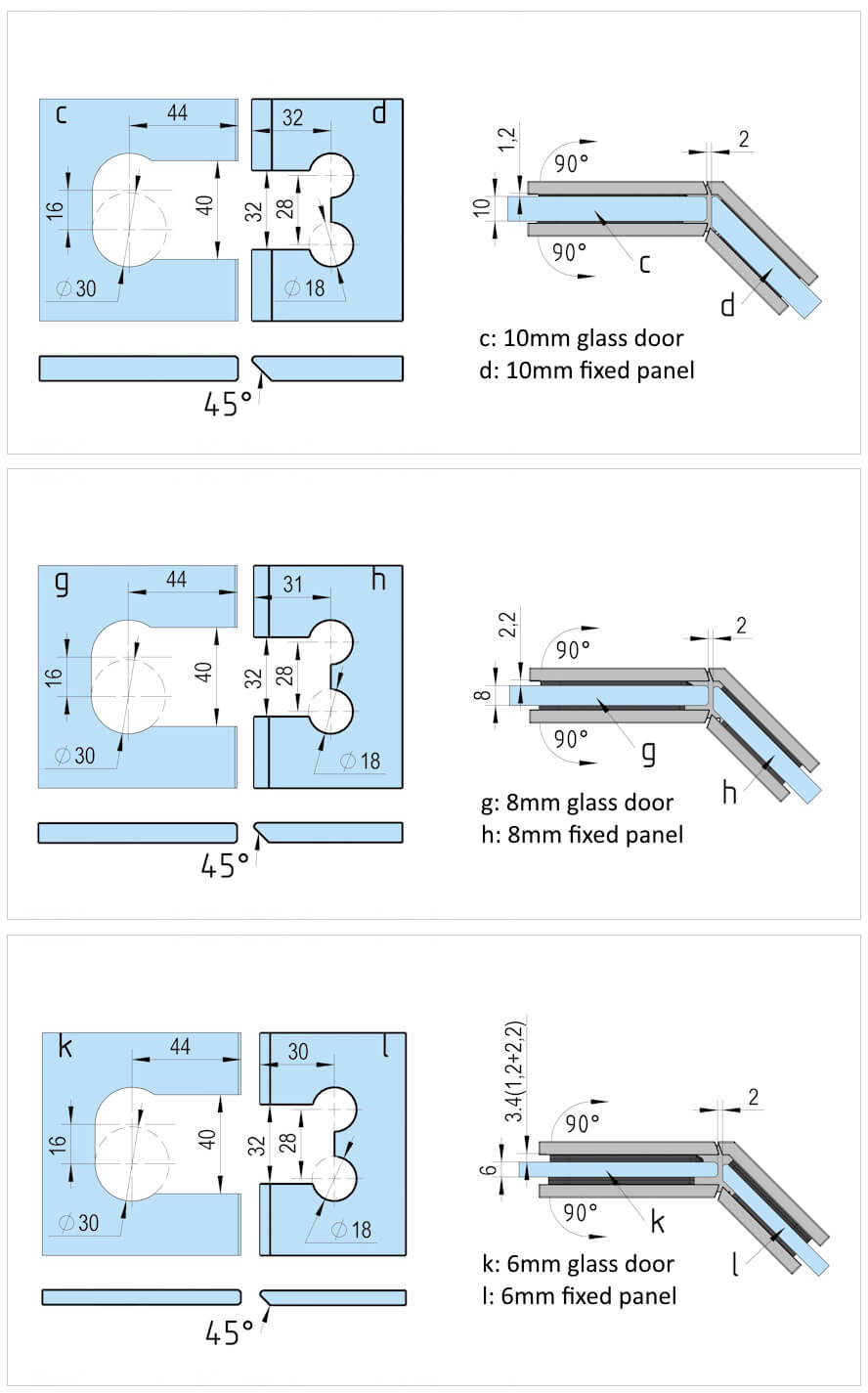 Prime Glass Door Hinge Set - Glass-to-Glass 135°